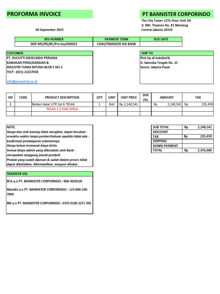Proforma Invoice BC Pt. Ducotti Dieselindo Persada RS-006-1 | PDF