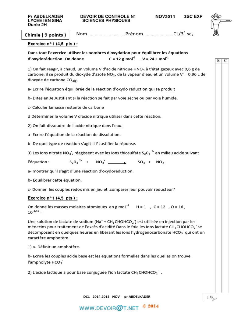 Devoir de Contrôle N°1 - Sciences Physiques - 3ème Sciences Exp (2014-2015) MR ABDELKADER | PDF