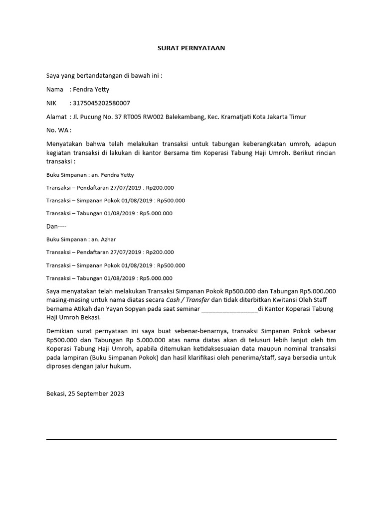 Surat Pernyataan Case by Case | PDF