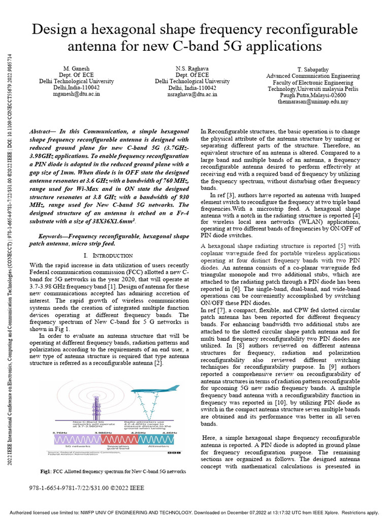 Design A Hexagonal Shape Frequency Reconfigurable Antenna For New C-Band 5G Applications | PDF ...