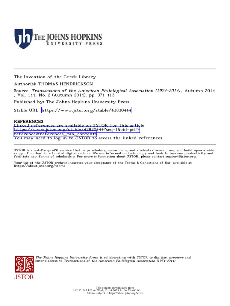 HENDRICKSON InventionGreekLibrary 2014 | PDF