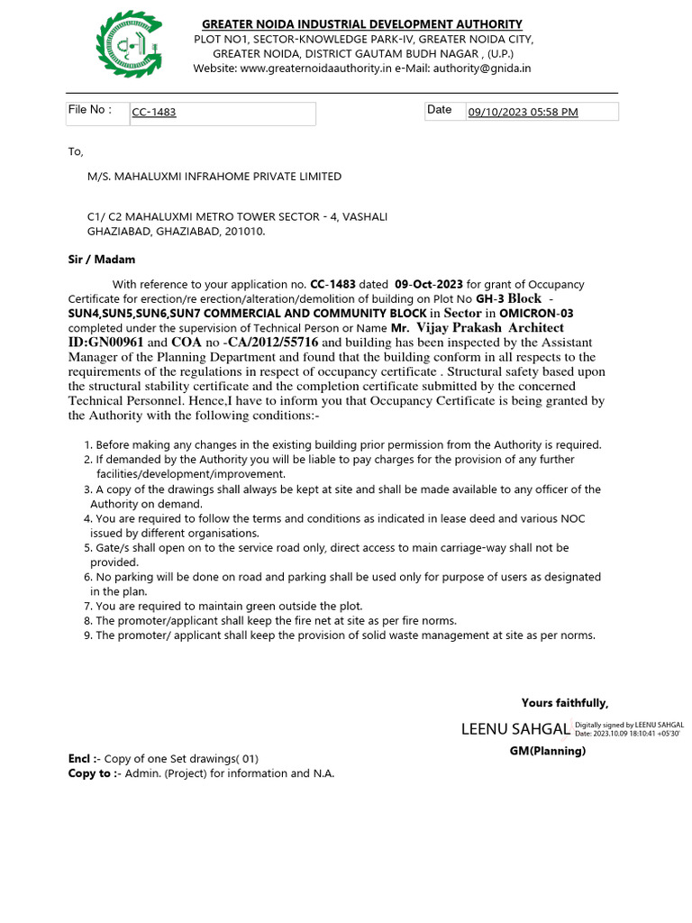 Greater Noida Occupancy Certificate Issued | PDF | Business | Technology & Engineering