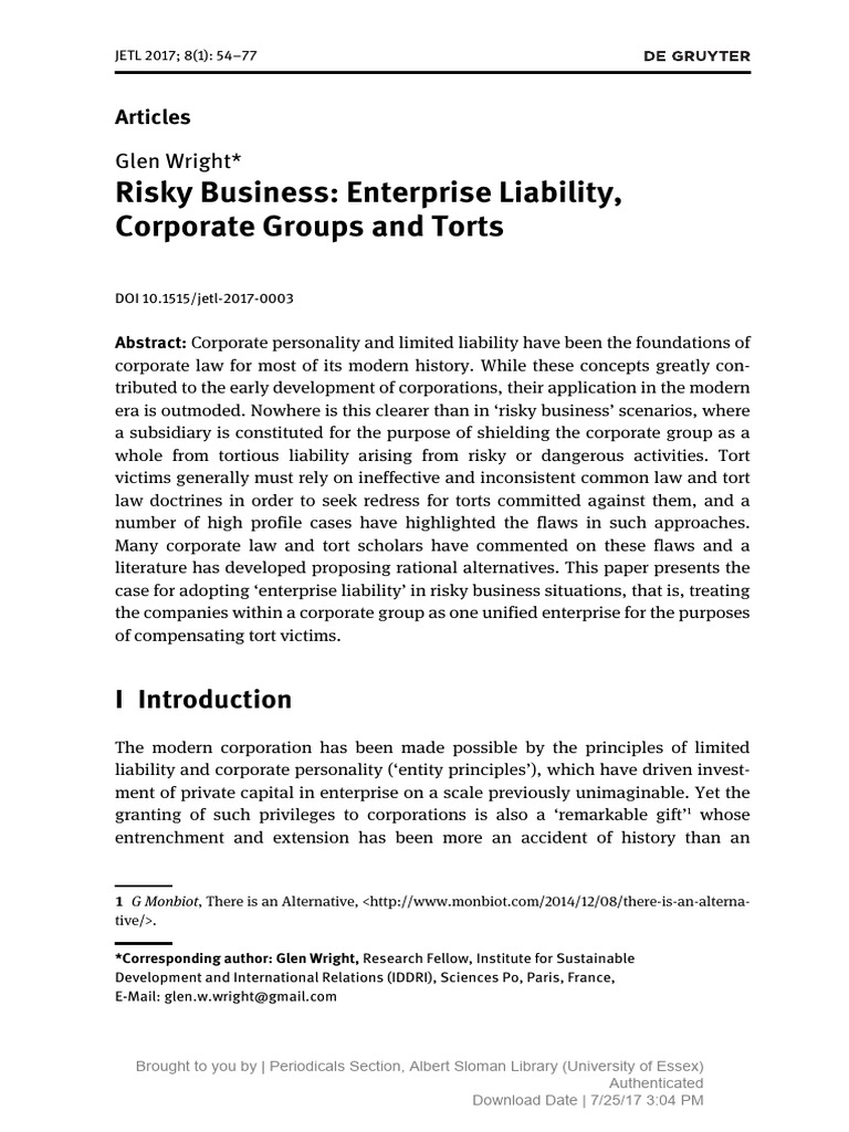 Enterprise Liability in Risky Business | PDF | Piercing The Corporate ...