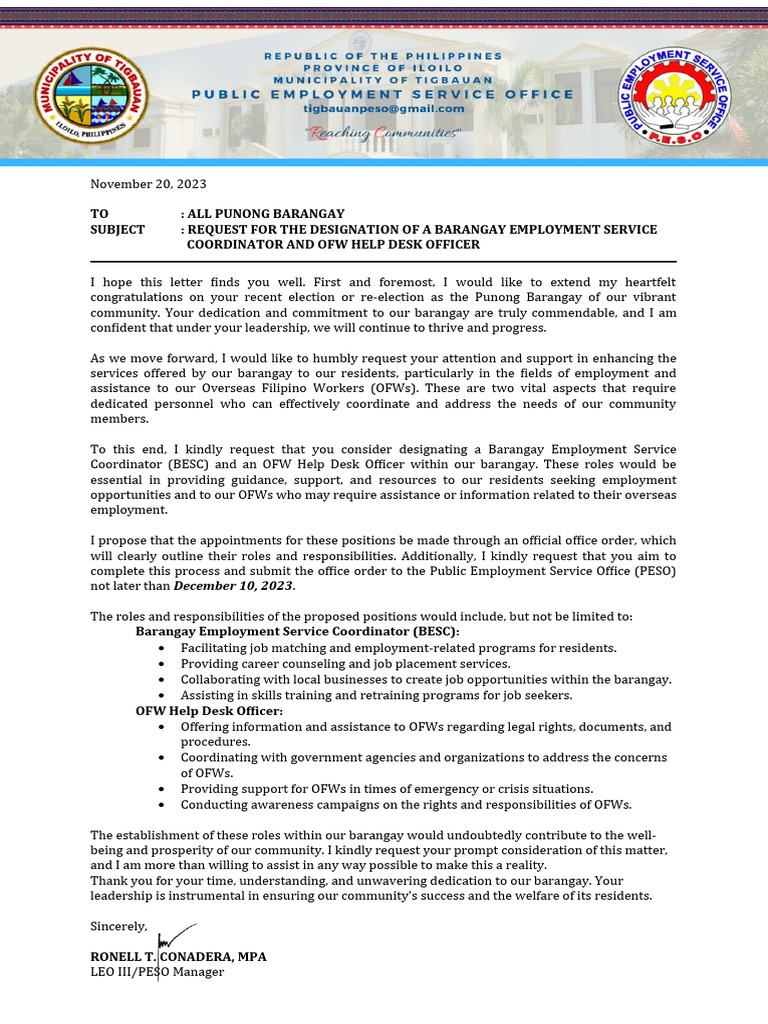 Letter Request - Brgy. PESO Coordinators | Download Free PDF | Economies
