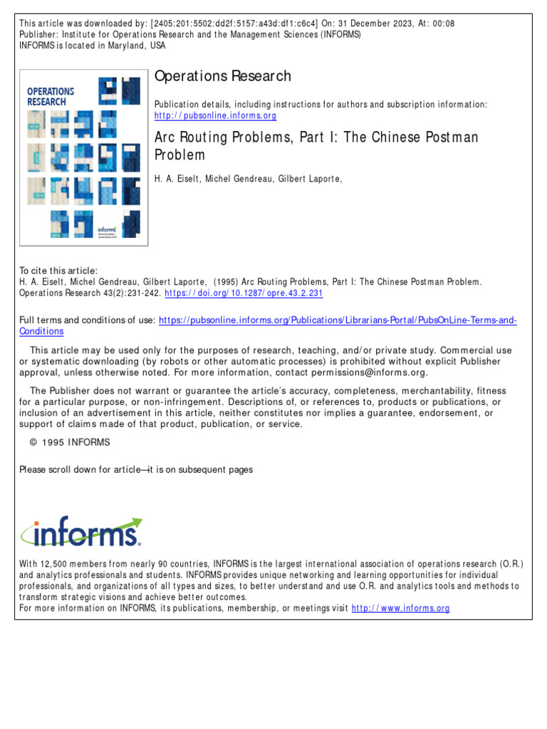 Eiselt Et Al 1995 Arc Routing Problems Part I The Chinese Postman ... Eiselt Et Al 1995 Arc Routing Problems Part I The Chinese Postman ...