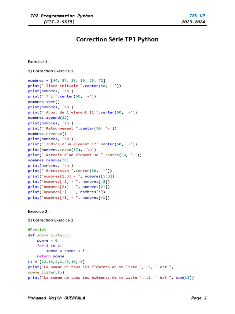 Correction Série TP2 Python-1F | PDF