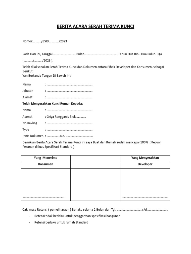 Berita Acara Serah Terima Kunci | PDF | Teknologi & Rekayasa