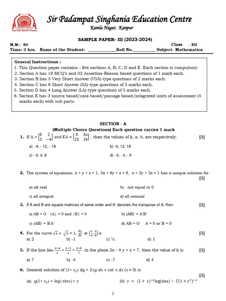 Maths SQP - III | PDF | Teaching Methods & Materials