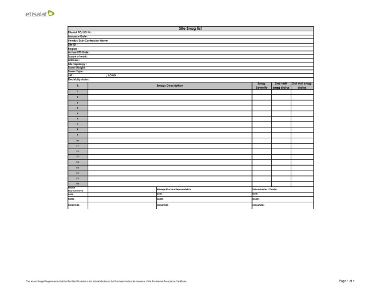 snags list Template | PDF