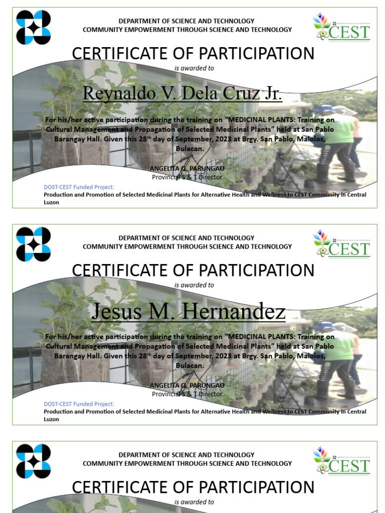 Certificate For Medicinal Plants Training San Pablo | PDF