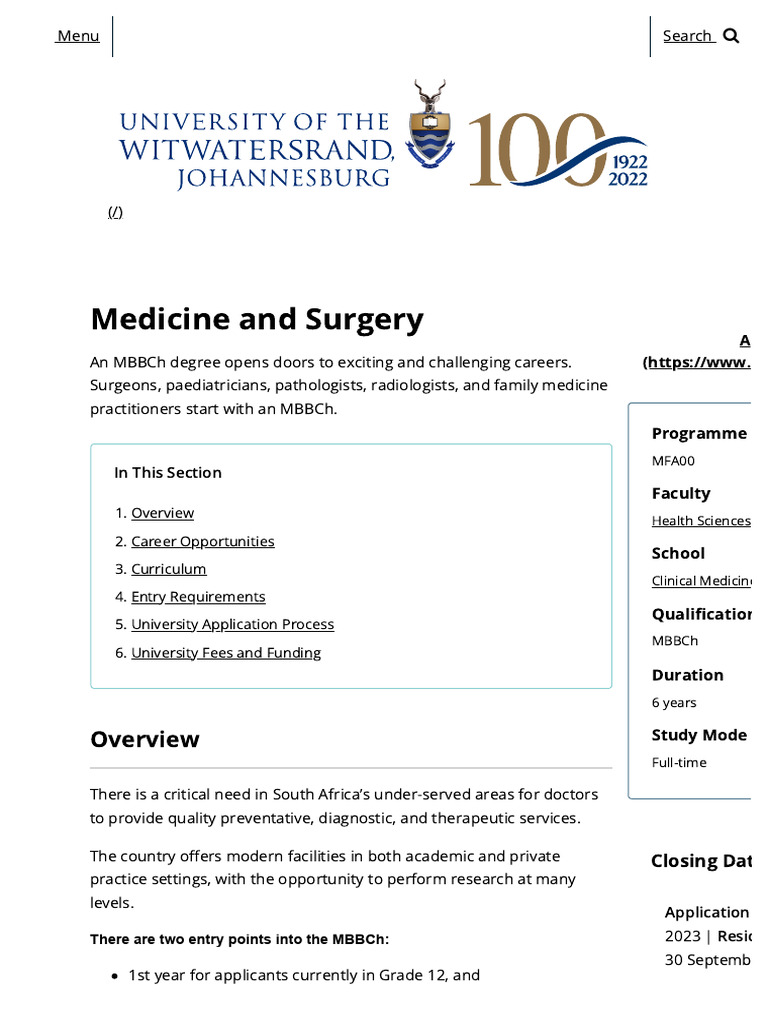 Medicine and Surgery - Wits University | PDF