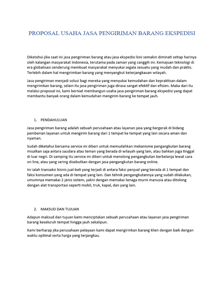 Proposal Usaha Jasa Pengiriman Barang Ekspedisi | PDF | Bisnis
