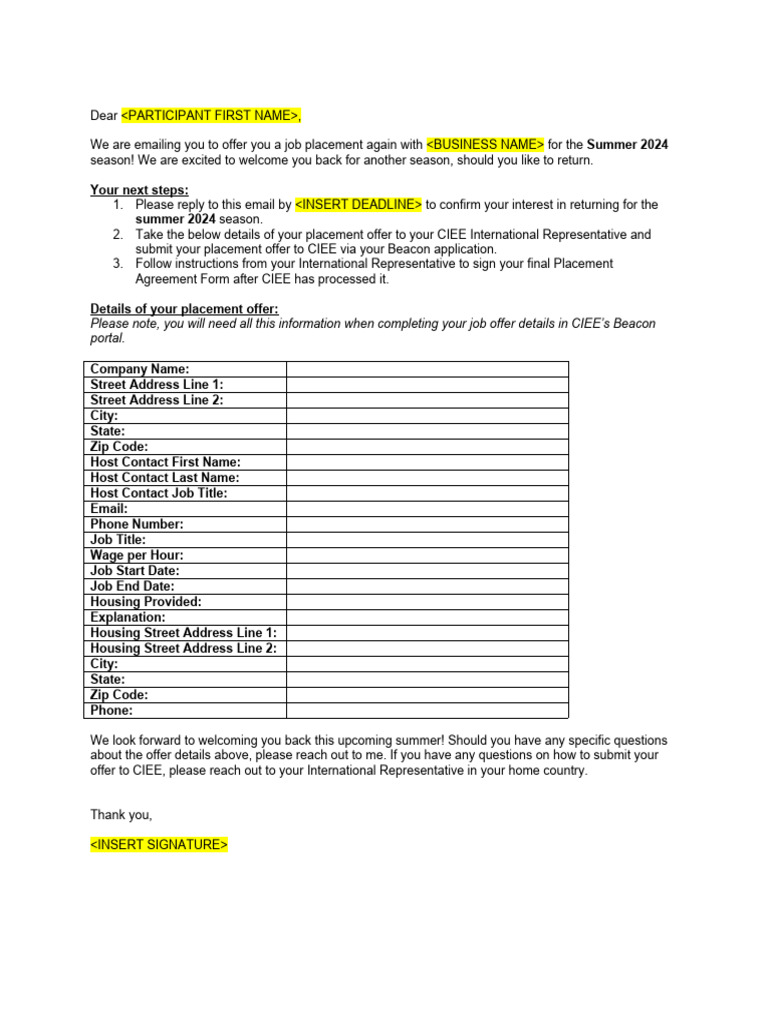 CIEE Returning Participant Offer Email Template - Summer 2021 | PDF