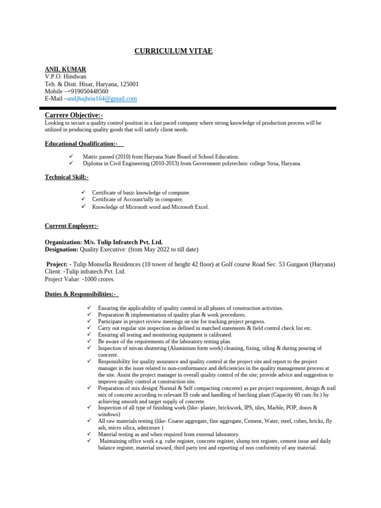 Anil Kumar - Quality Control CV | PDF | Concrete | Construction Aggregate
