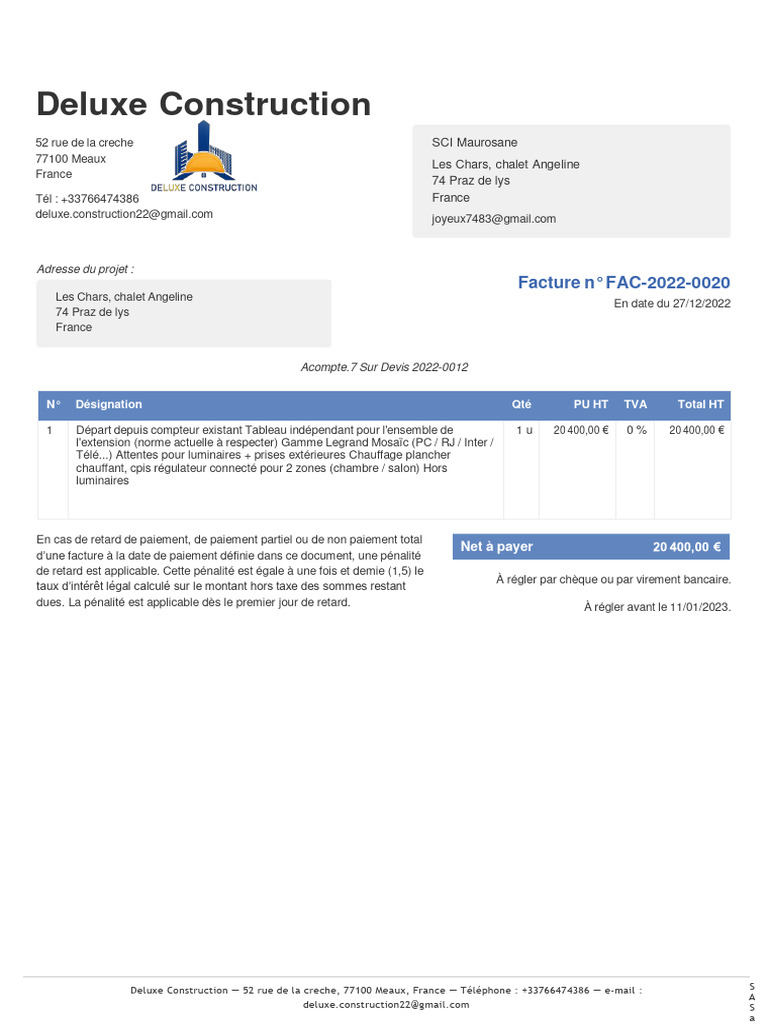 Facture FAC-2022-0020 SCI Maurosane | PDF