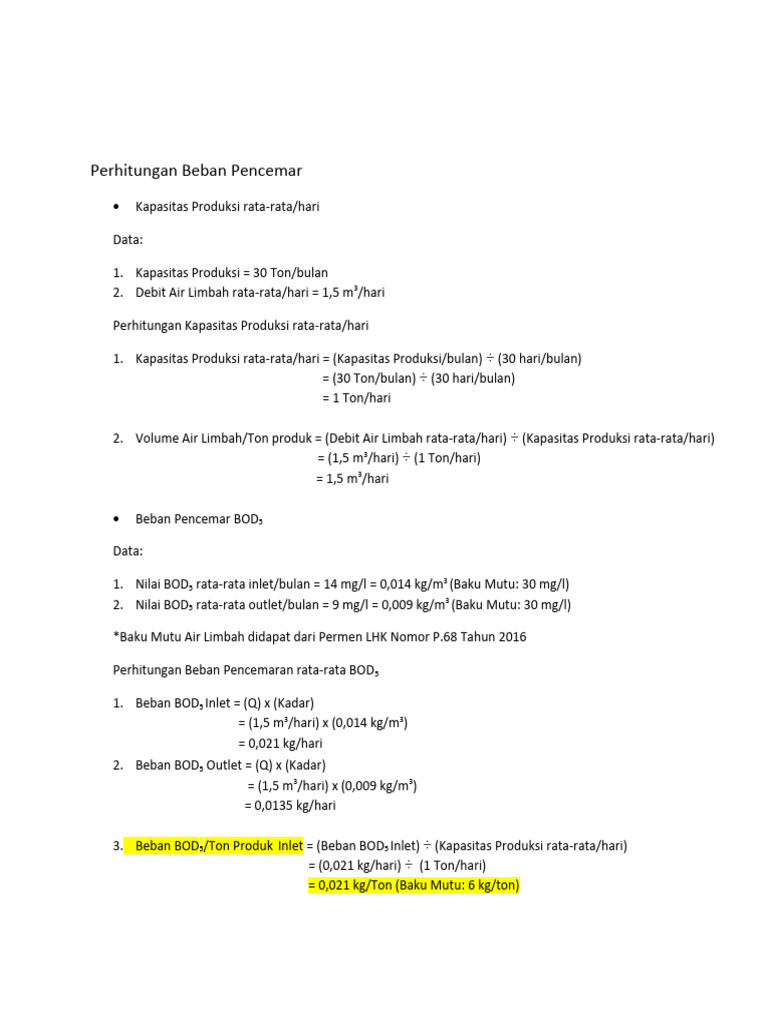 Perhitungan Beban Pencemar Mensana Tangerang BOD&COD | PDF