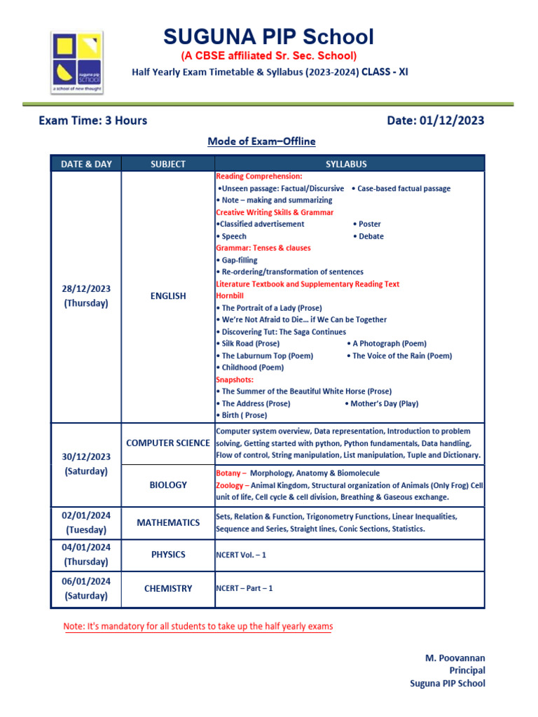 Class 11 Half Yearly Time Table & Syllabus AY 2023-2024 | PDF