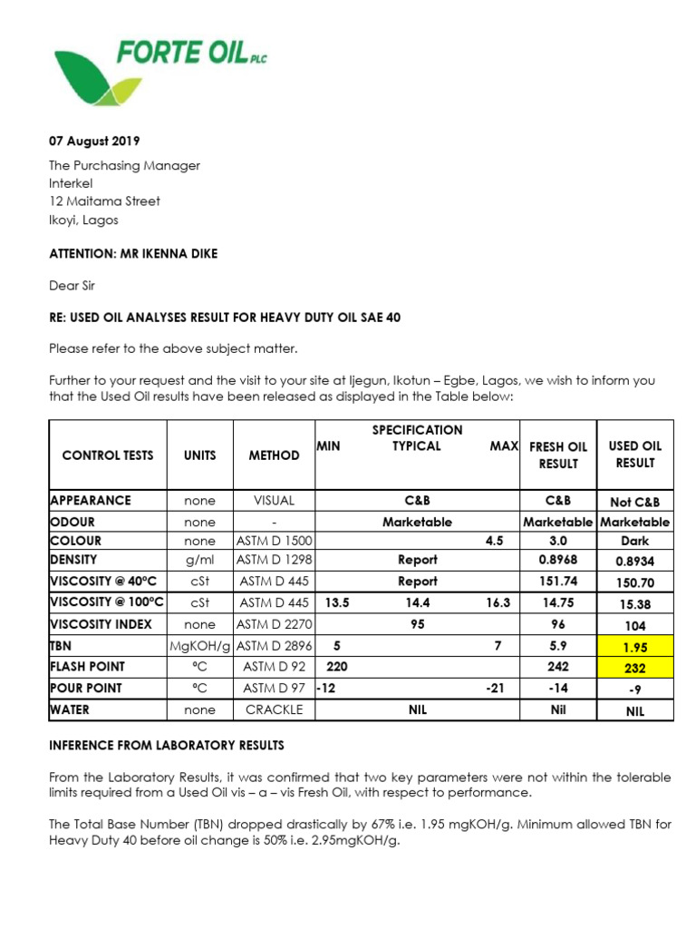 Engine Oil Test Results and Recommendations To Interkels - 07082019 ...
