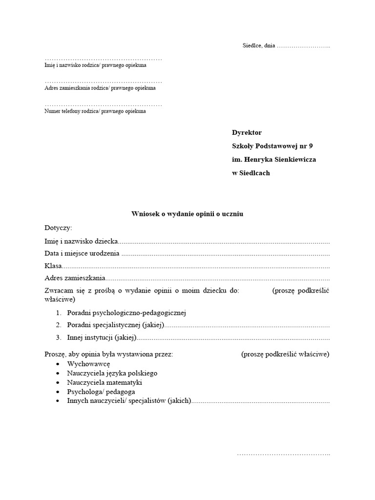 Wniosek o Wydanie Opinii o Uczniu | PDF
