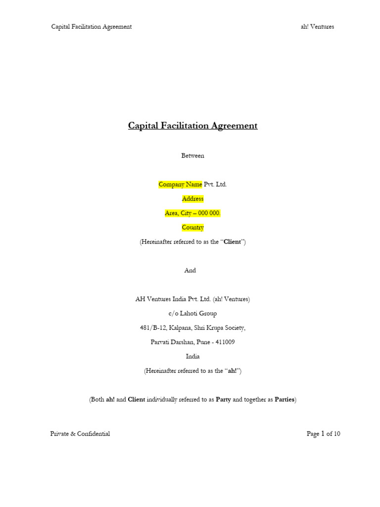 Ah! Capital Facilitation Agreement v17.10 | PDF | Indemnity | Private Law