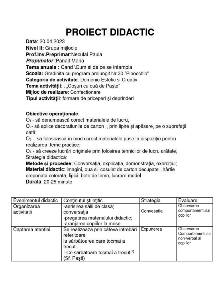 Plan Didactic, Cosulete de Paste | PDF