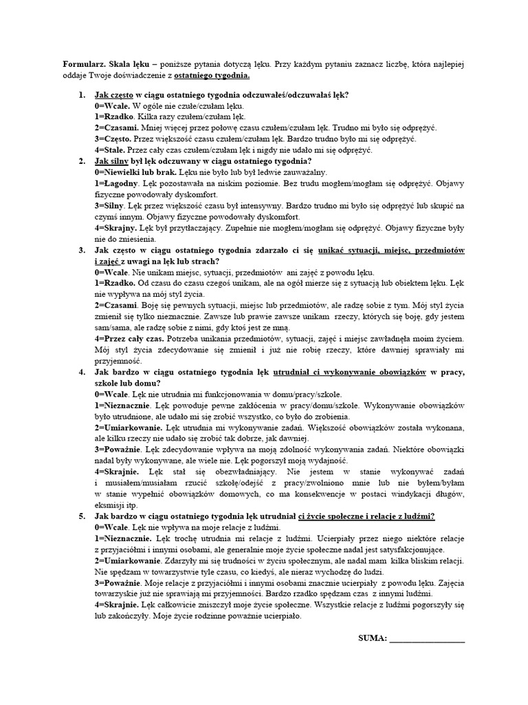Skala Depresji. Formularz | PDF