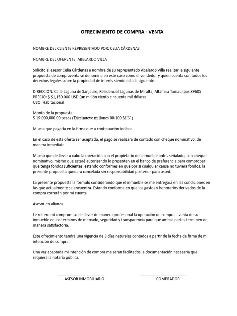 Propuesta de Compra Inmueble Altamira | PDF