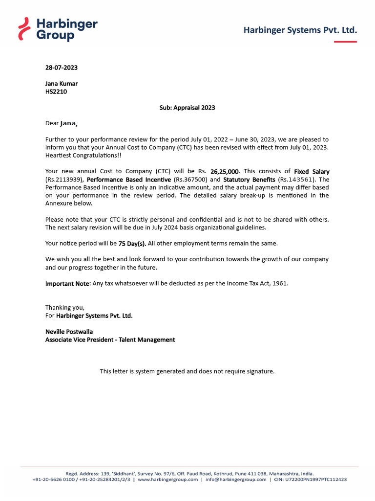 Jana Kumar HS2210 Salary Revision Letter Without Promotion | PDF ...