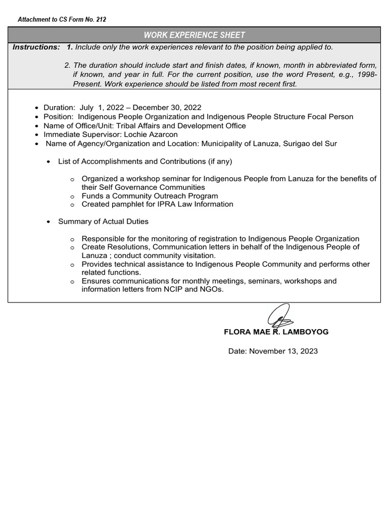 CS Form No. 212 Attachment - Work Experience Sheet (1) | PDF
