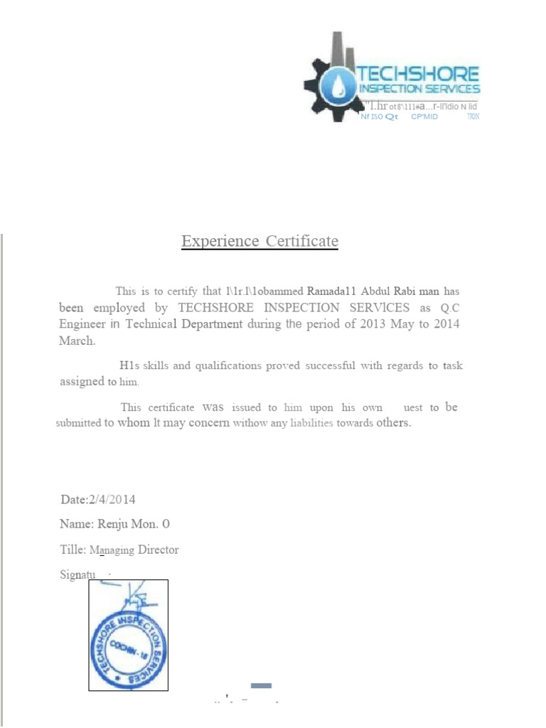 Q_C Engineer Experience Certificate from Techshore | PDF
