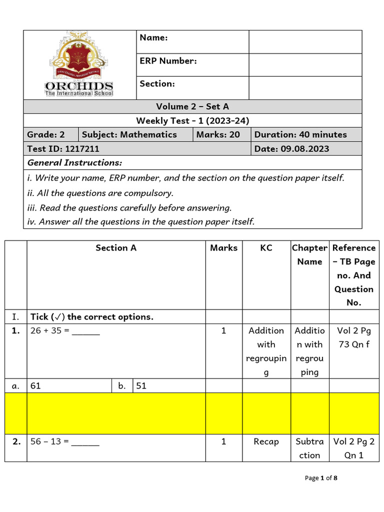 WT1_V2_Grade 2_Mathematics_updated | PDF