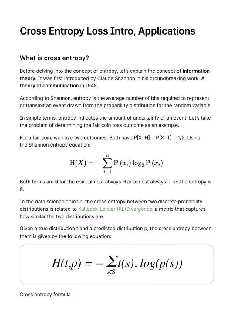 Cross Entropy Loss Intro, Applications | PDF