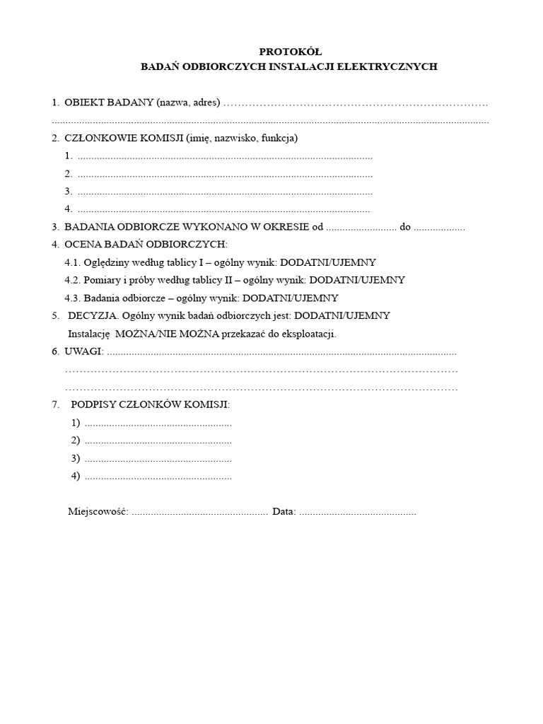 Protokoly Odbioru Instalacji Elektrycznej | PDF