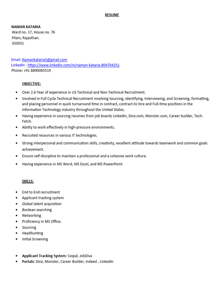 NAMAN KATARIA CV 2023 | PDF | Recruitment | Consultant