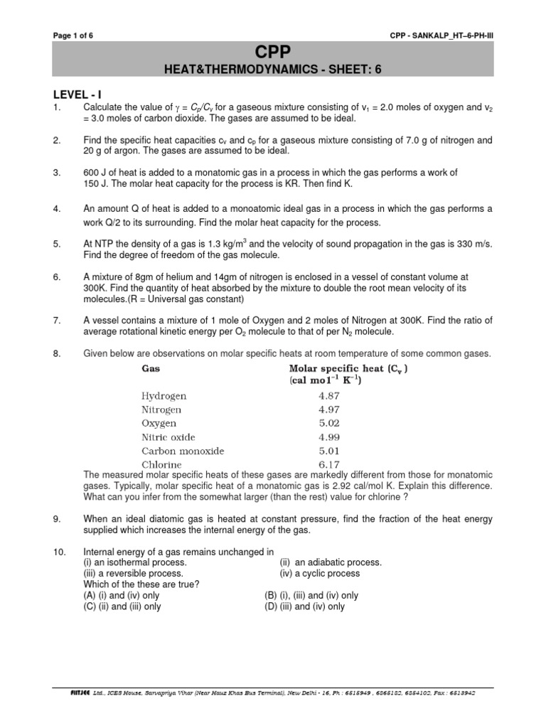 Heat & Thermodynamics Problems | PDF | Gases | Heat