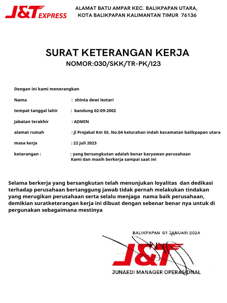 Surat, Keterangan Kerja, J&T, Periode2024 | PDF