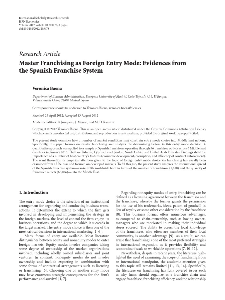 Research Article: Master Franchising As Foreign Entry Mode: Evidences ...