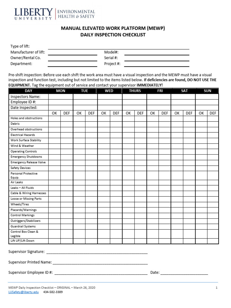 MEWP Daily Inspection Checklist ORIGINAL 03 26 2020 | PDF