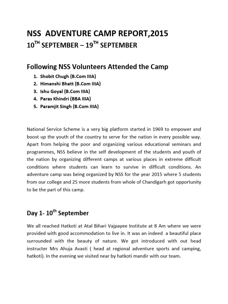 Nss Adventure Camp Report Compressed | PDF