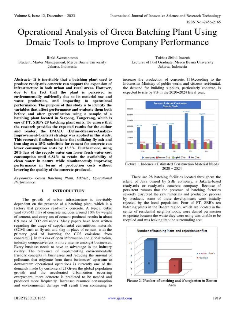 Operational Analysis of Green Batching Plant Using Dmaic Tools to ...