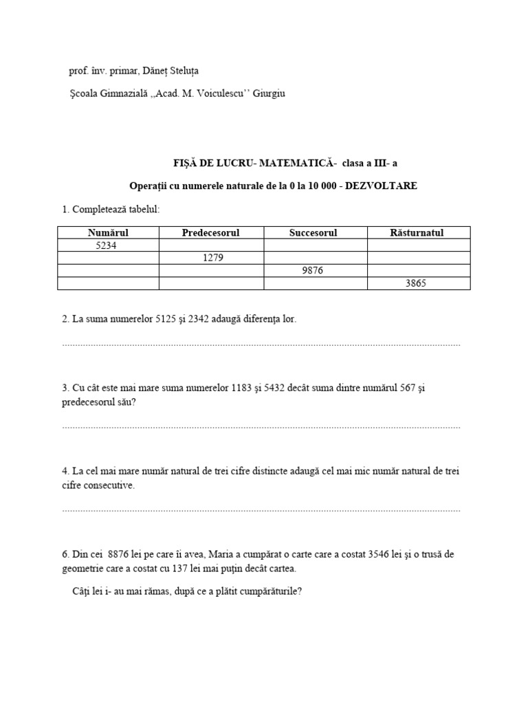 Operatii Cu Numerele Naturale de La 0 La 10 000 | PDF
