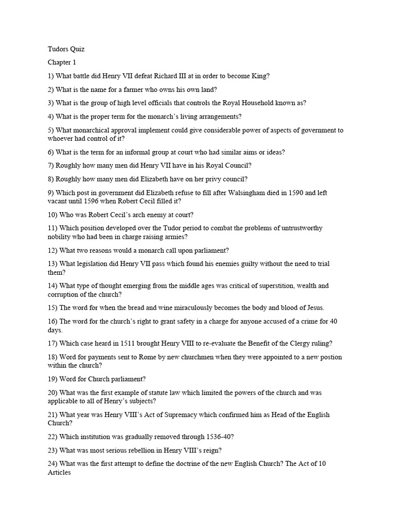 Tudors Quiz | PDF | House Of Tudor | Sermon