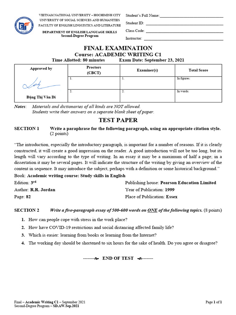 Academic Writing C1 Final Exam Guide | PDF