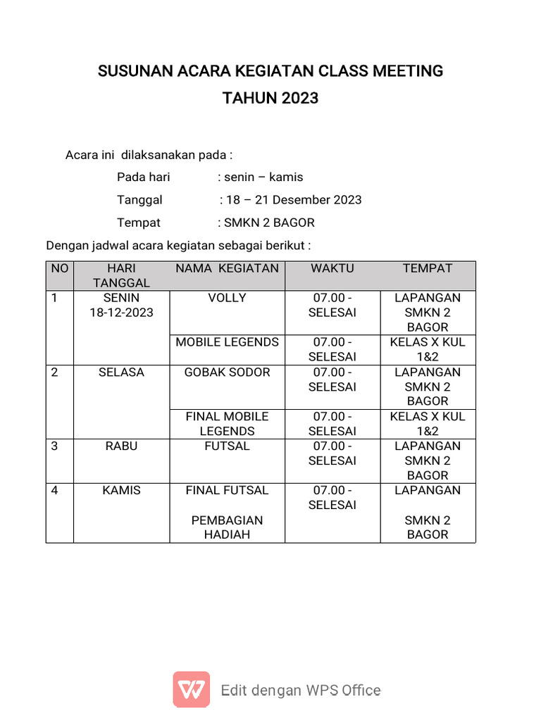 Susunan Acara Kegiatan Class Meeting | PDF