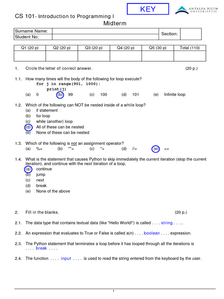 CS101 Midterm 2019 Fall Sol | PDF