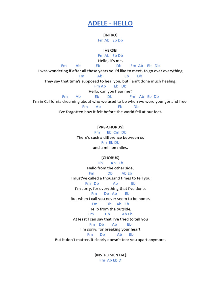 Adele's "Hello" Lyrics and Chords | PDF | Song Structure | Songs