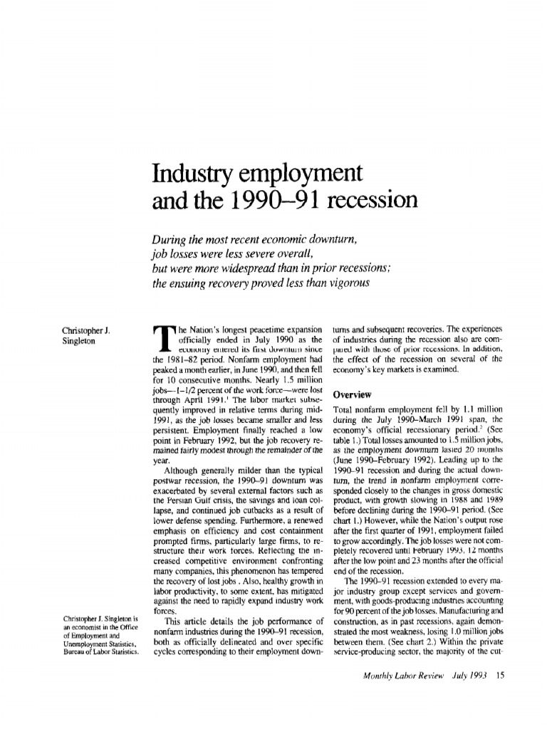 Industry Employment (And The Recession of 1990-1991) | PDF