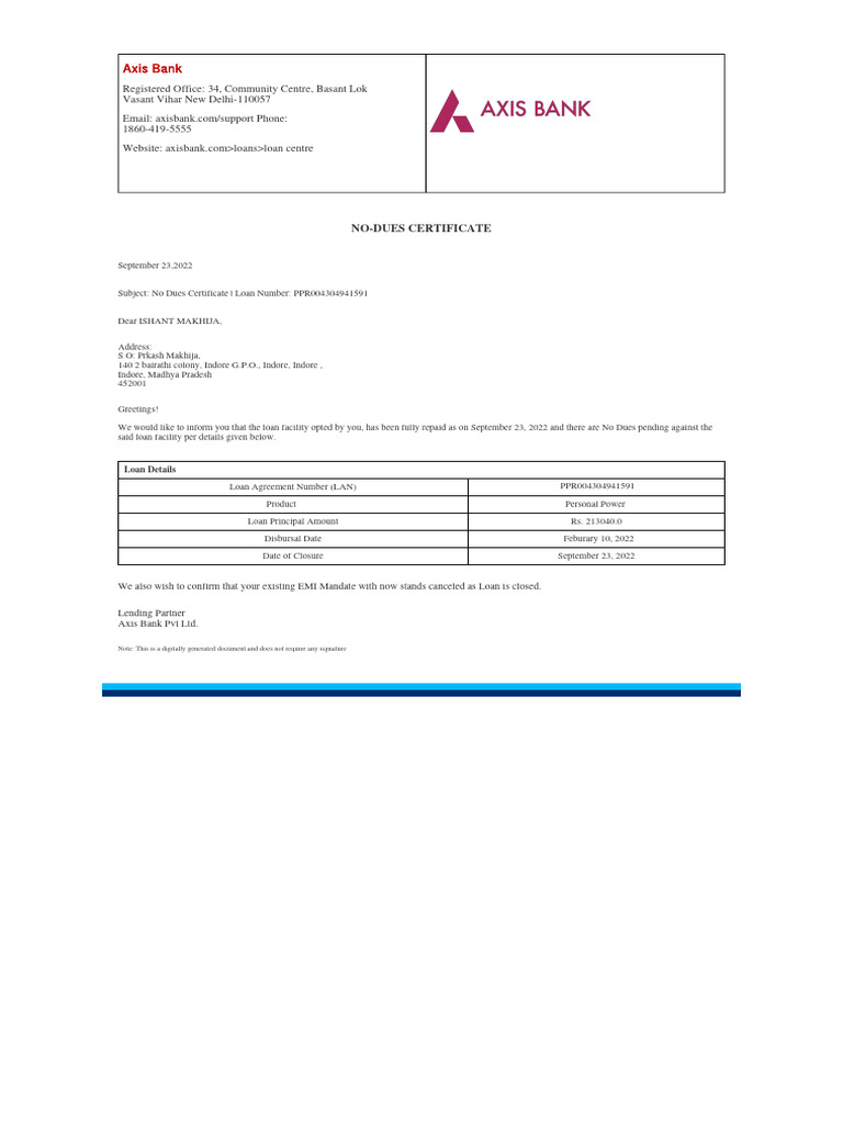 Axis Bank No Dues Certificate Details | PDF