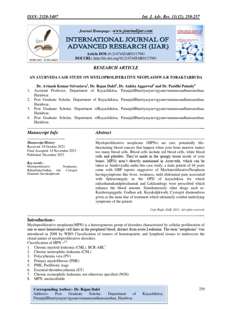 AN AYURVEDA CASE STUDY ON MYELOPROLIFERATIVE NEOPLASMW.S.R TORAKTARBUDA ...