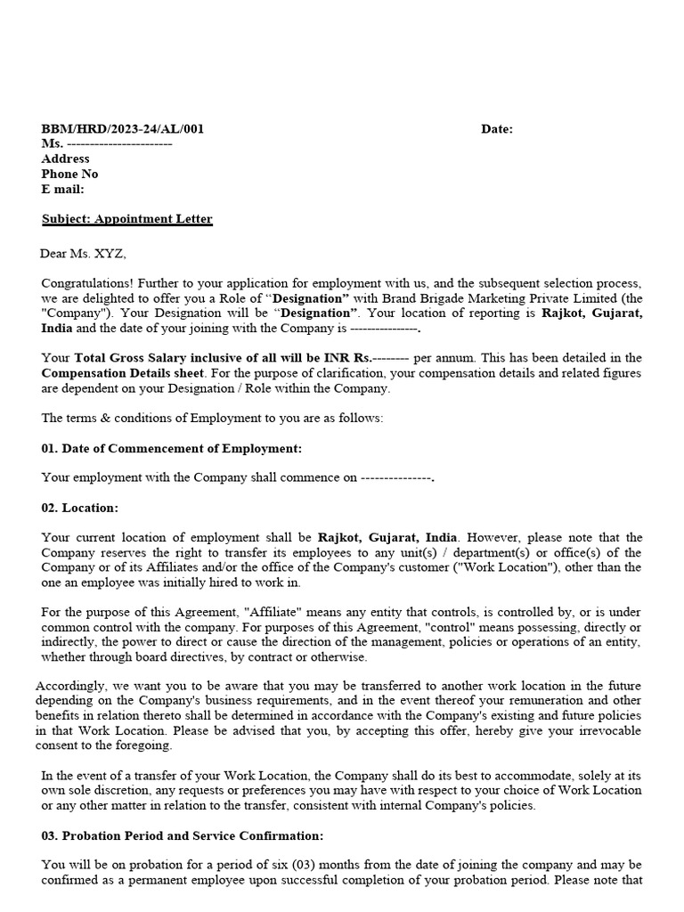 Appointment Letter Format | PDF | Employment | Insurance